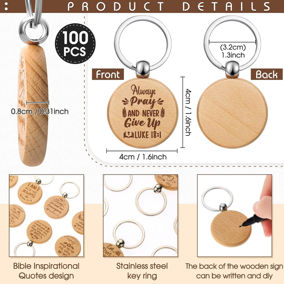 100 Pcs Wooden Bible Inspirational Keychains Bulk Bible Verse Key Rings ...