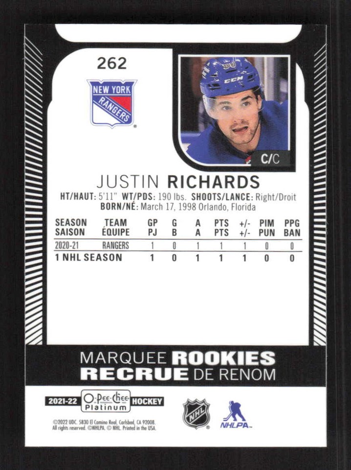 Justin Richards RC 2021 O-Pee-Chee Platinum Marquee Rookies Rangers ...