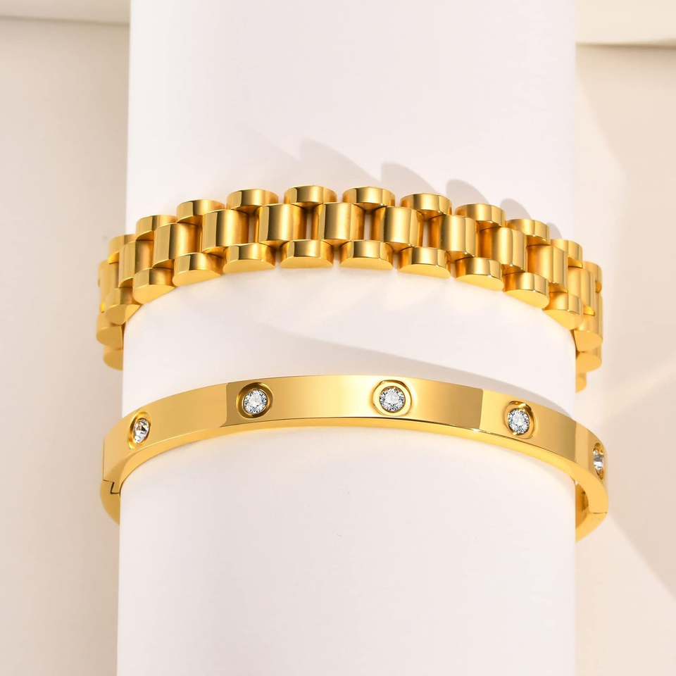 2Pcs Gold Chain Link Bracelet, Stainless Steel Crystal Friendship ...