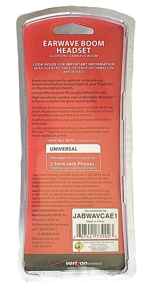 Jabra JABWAVCAE1 Corded Headset Earwave Boom fits most 2.5mm Jack ...