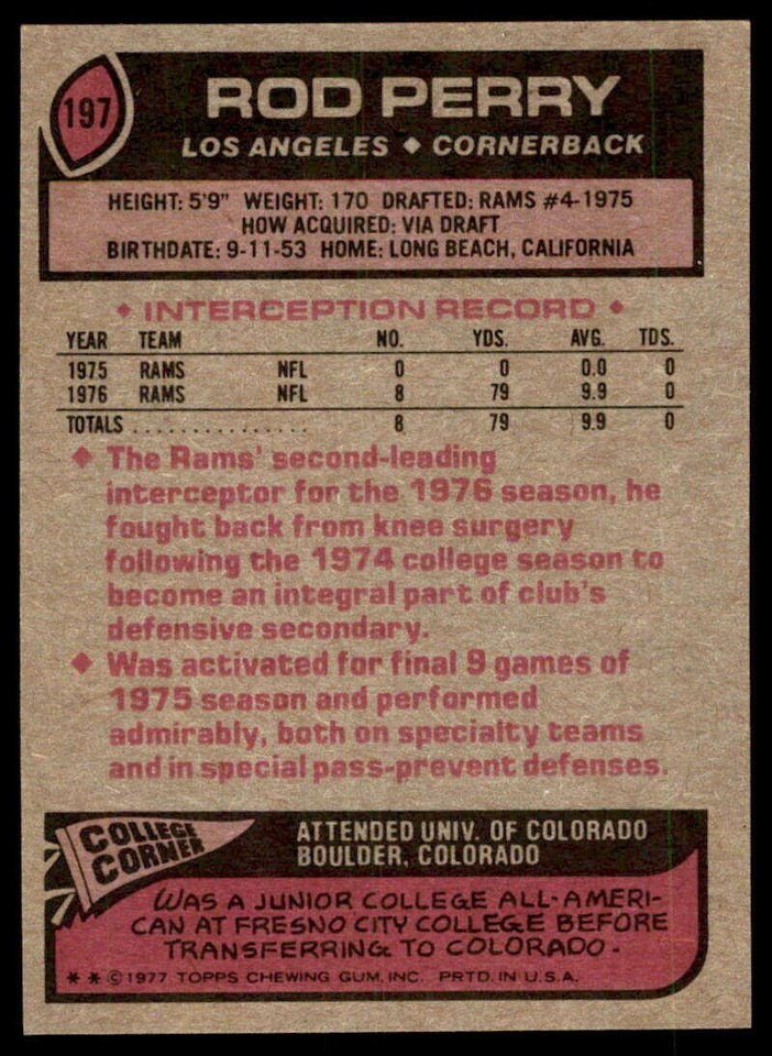 1977 TOPPS Football Vintage Trading Card #197 😎 ROD PERRY, Los Angeles ...