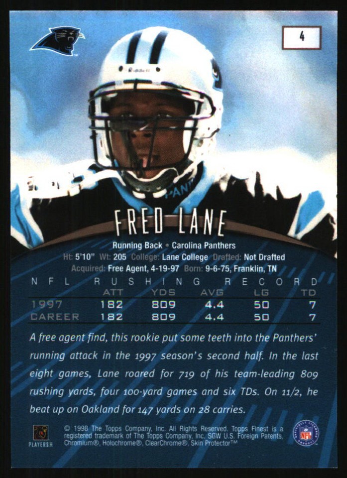 1998 Topps Finest #4 Fred Lane Carolina Panthers | eBay