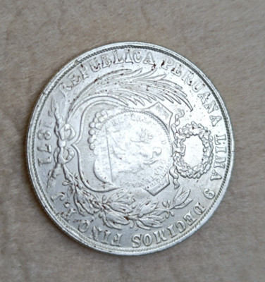 Peru Un Sol .90% Silver Coin AU 1871 Y.J. Mint Rare 1/2 Reale ...