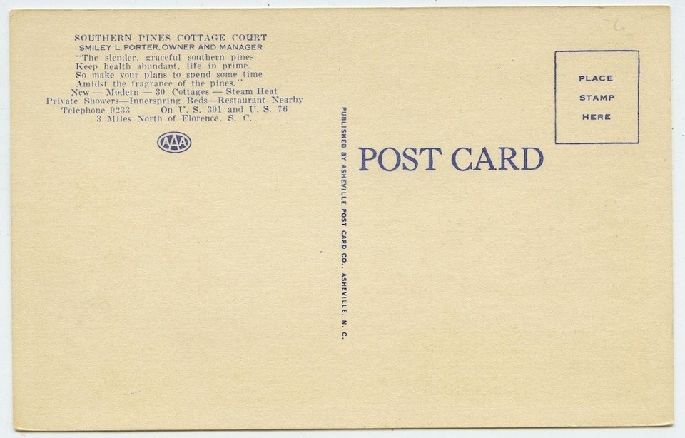 Florence SC Southern Pines Cottage Court Vintage Postcard South ...