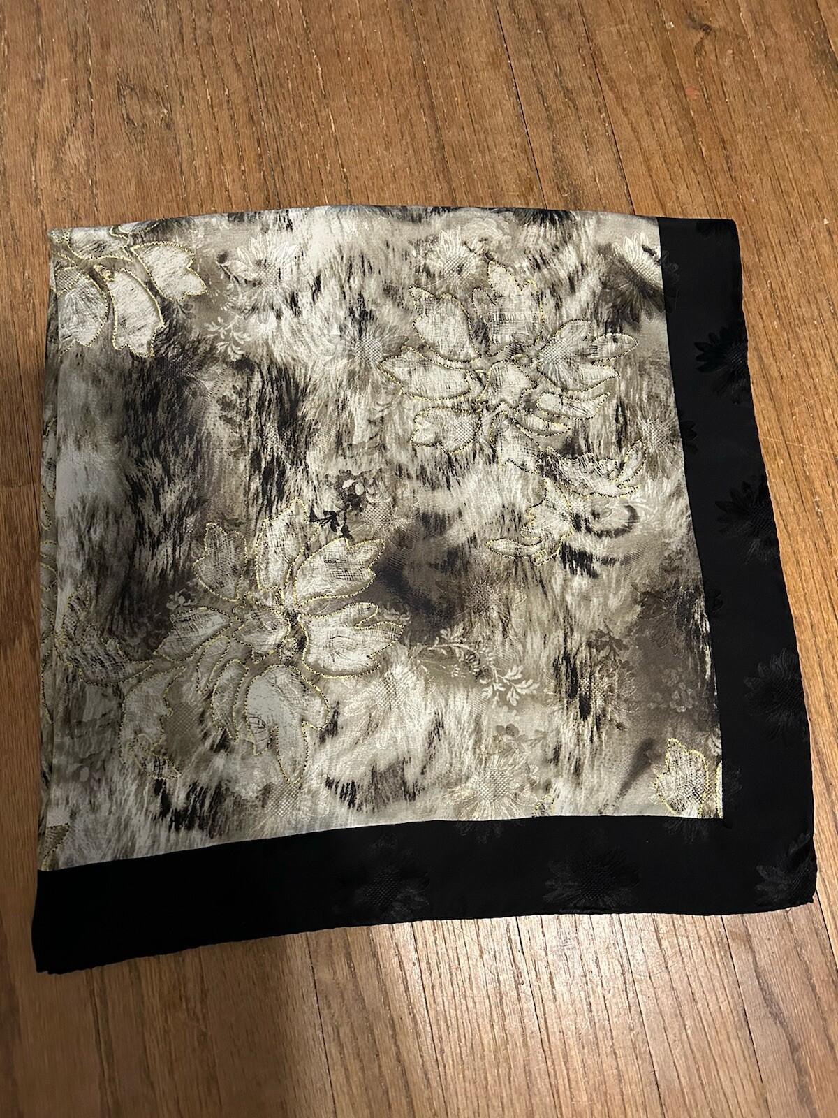 Beautiful 100% Silk Scarf Black Border Floral Print 34” Square Made In ...