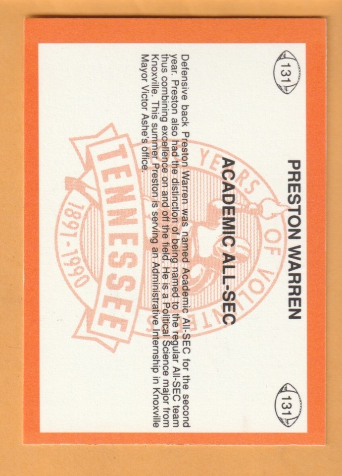 Preston Warren Tennessee Volunteers AUTO Signed 1990 card #131 ...