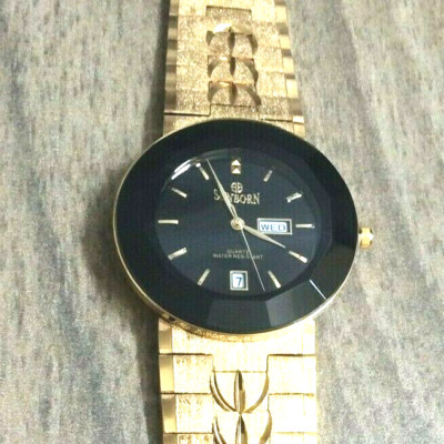 SUNBORN Men's Gold Dress Watch Black Round Day & Date Dial Brand New ...