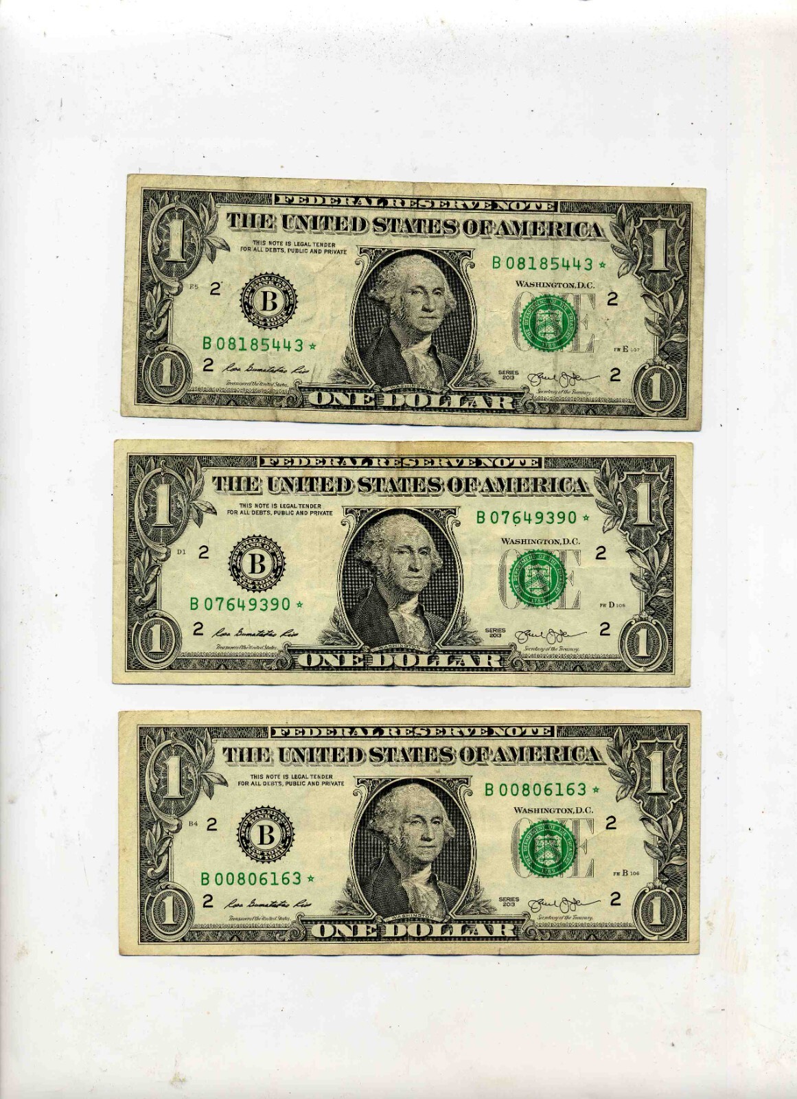 3 bills with 2013 B - Star Note Dollar - duplicates | eBay