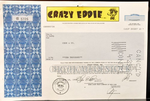CRAZY EDDIE Stock Certificate 1986 New York City Electronics Store 10K ...