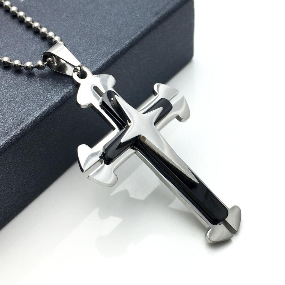 Simple Split Three Layer Cross Blue/Gold/Black Pendant Stainless Steel ...