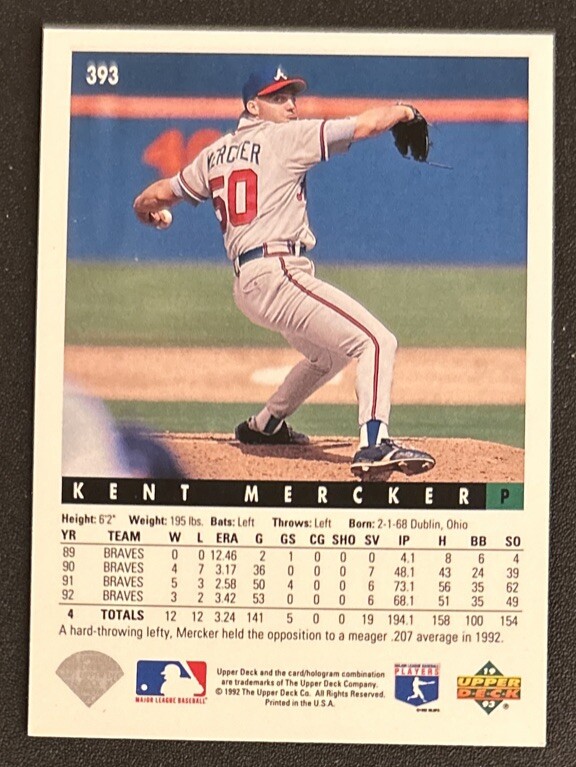1993 Upper Deck Kent Mercker Baseball Card #393 Braves Pitcher VG | eBay