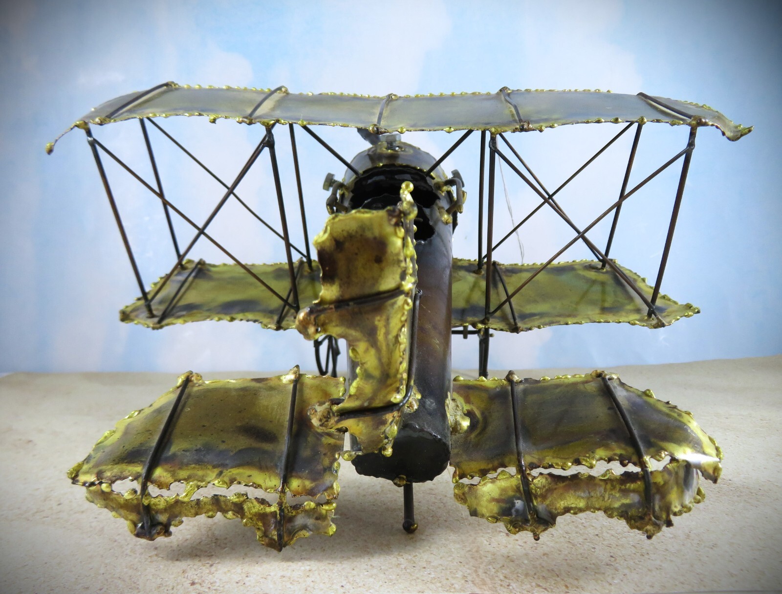 Handcrafted Brass Metal Biplane Sculpture Brutalist Art Soldered Burnt ...