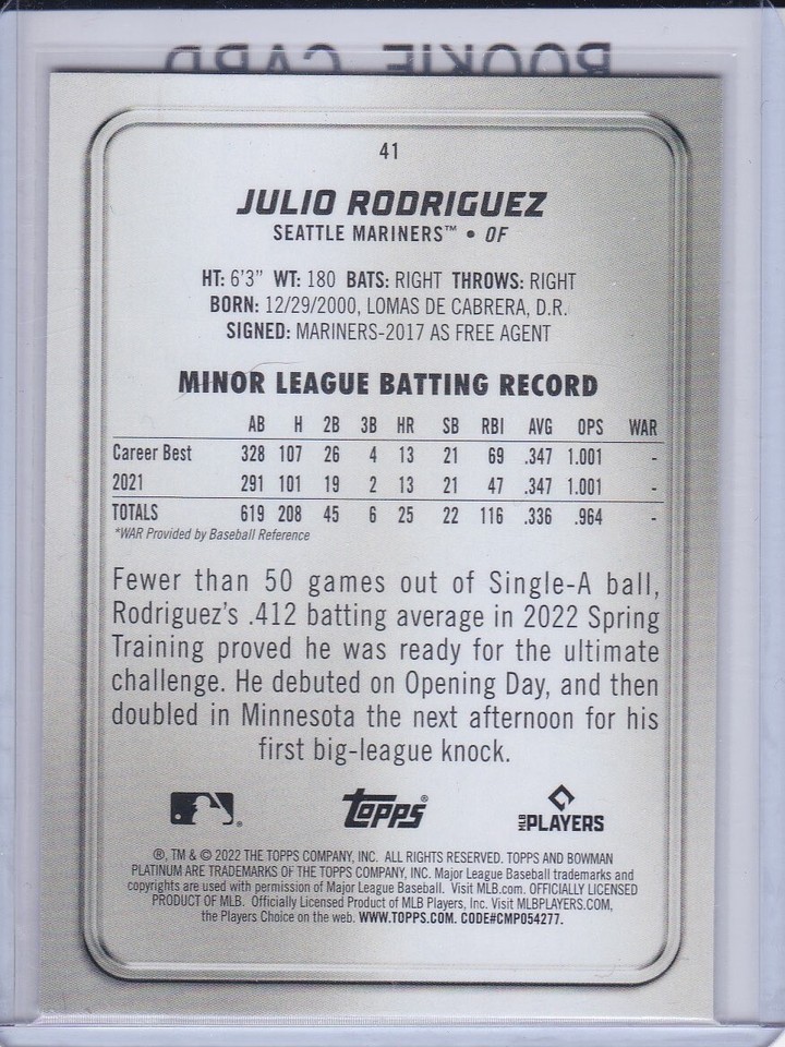 JULIO RODRIGUEZ ROOKIE CARD Seattle Mariners 2022 Bowman Platinum ...