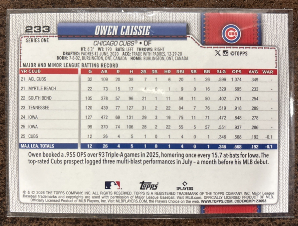 2026 Topps Series 1 Owen Caissie RC #233 Rainbow Foil Parallel Cubs | eBay