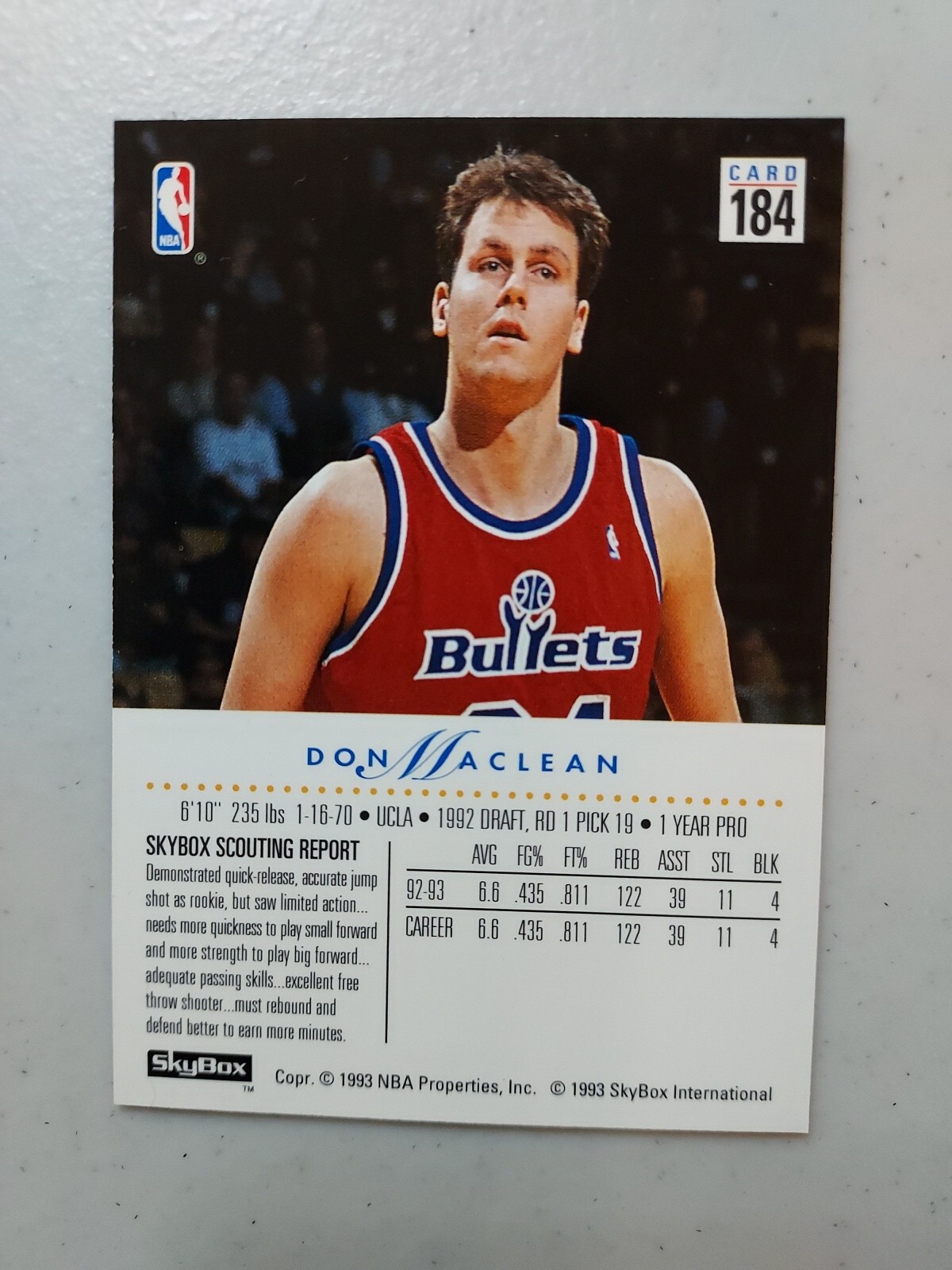 1993-94 Skybox Premium #184 Don MacLean Washington Bullets NBA ...