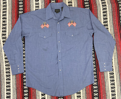 Vtg High Noon Pearl Snap Shirt Mens Size L Embroidered Flags Western ...