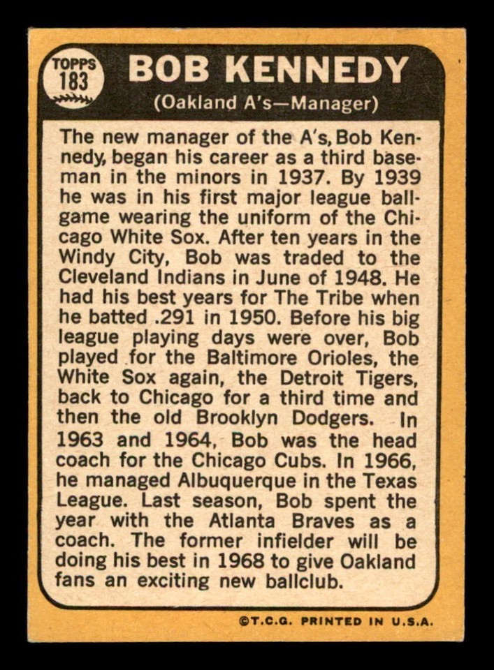1968 Topps Baseball #183 Bob Kennedy VG *d2 | eBay