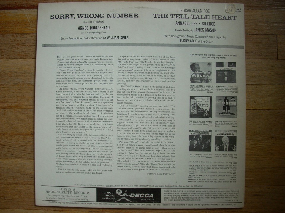 JAMES MASON Sorry Wrong Number Tell-Tale Heart DECCA DL-9062 Edgar ...