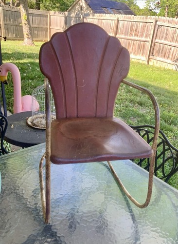 Vintage Red Metal Scalloped Clam Shell Back Arm Lawn CHILDS Chair Patio ...