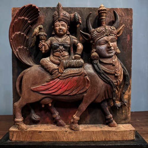 Hand-Carved Kamadhenu Panel: Sacred Cow, Goddess & Parrot - Hindu Wall ...