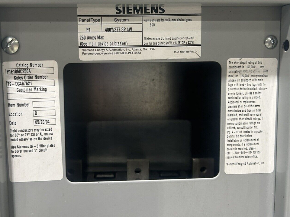 Siemens 250A, 480V, 3PH 4W MLO Panelboard Cat. No. P1E18MC250A | eBay