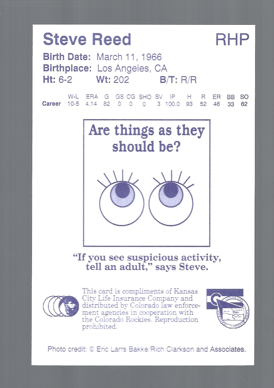 1994 Colorado Rockies Police très bon état Steve Reed baseball Kansas ...