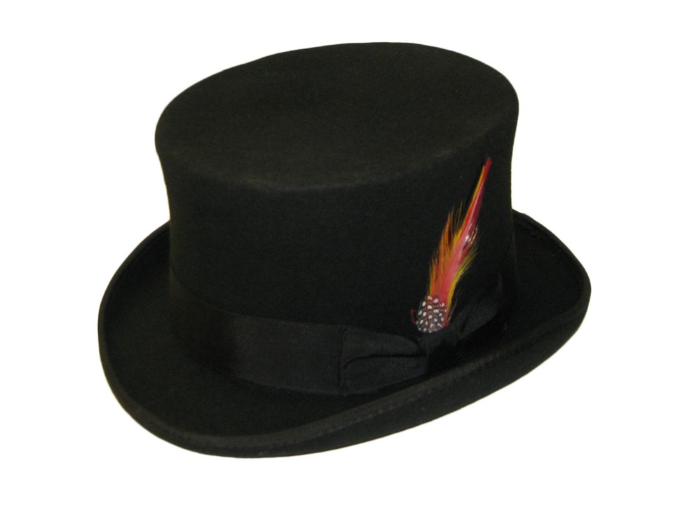 Black 100% Wool Felt Hand Made Top Hat With Bow Band Feather And Satin ...