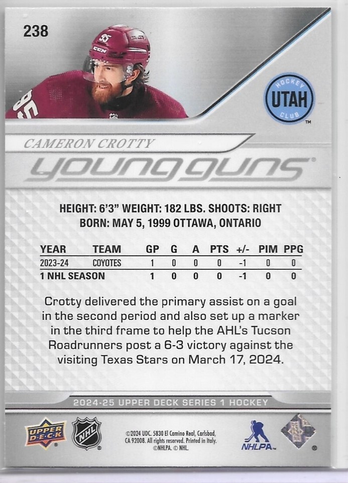 CAMERON CROTTY 2024-25 UPPER DECK #1 YOUNG GUNS RC/CANADA/UTAH HOCKEY ...