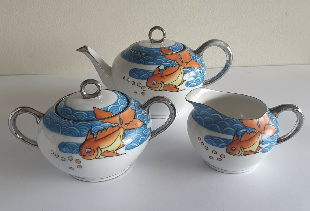 Vintage Japanese Koi Fish Tea Set - Teapot, Sugar And Creamer | eBay