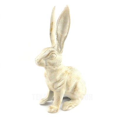 Large Rabbit Figurine Garden Statue Heavy Duty Cast Iron Antique White ...