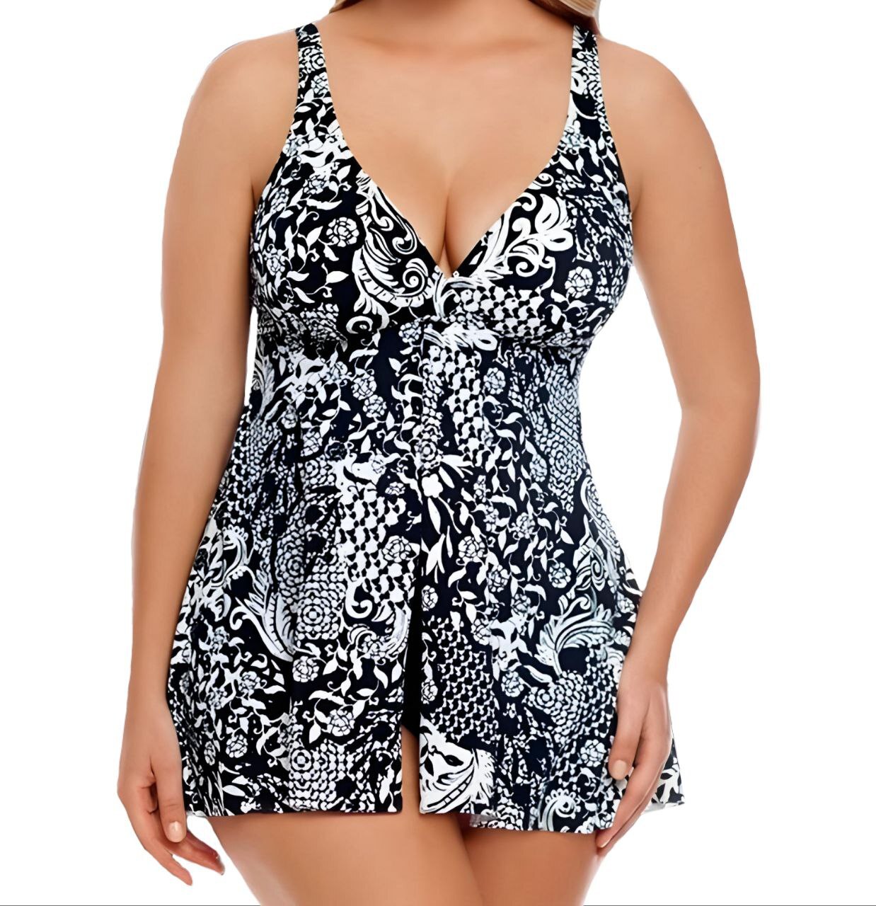 SHAPE SOLVER Women's Black Mix It Up Flyway One Piece Swim Dress #16687 ...