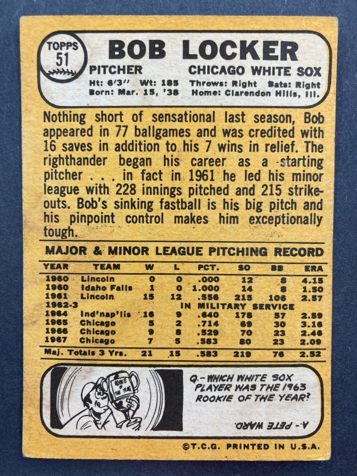 1968 Topps #51 Bob Locker (Chicago White Sox) (B) | eBay