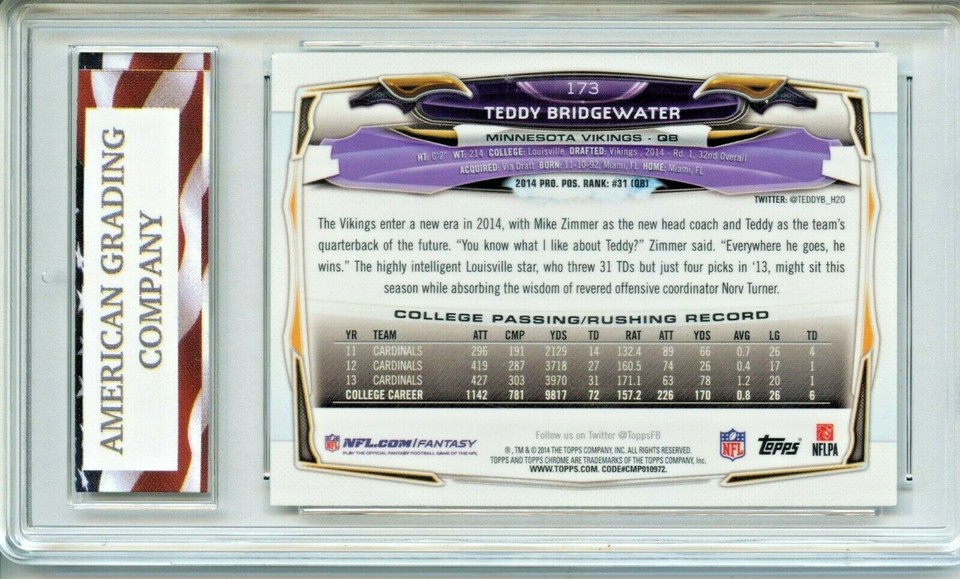 2014 Topps Chrome #173 Teddy Bridgewater Rookie Card AGC 10 Gem Mint | eBay