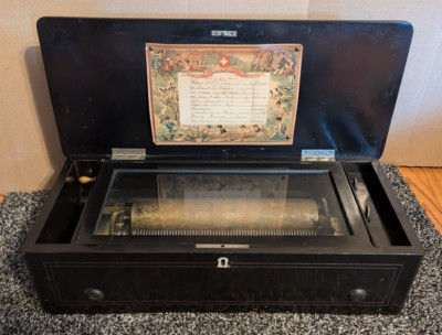 Cylinder Music Box Large 10 Airs Songs Hand Crank Wood Antique 63 Keys ...