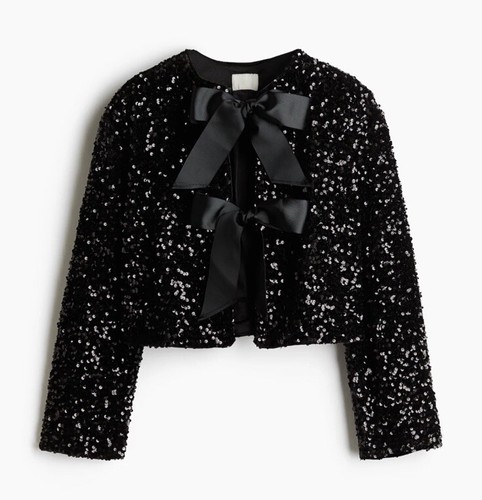 H&M 2024 Black Sequin/Velvet Bow Front Jacket Size L **sold out** | eBay UK