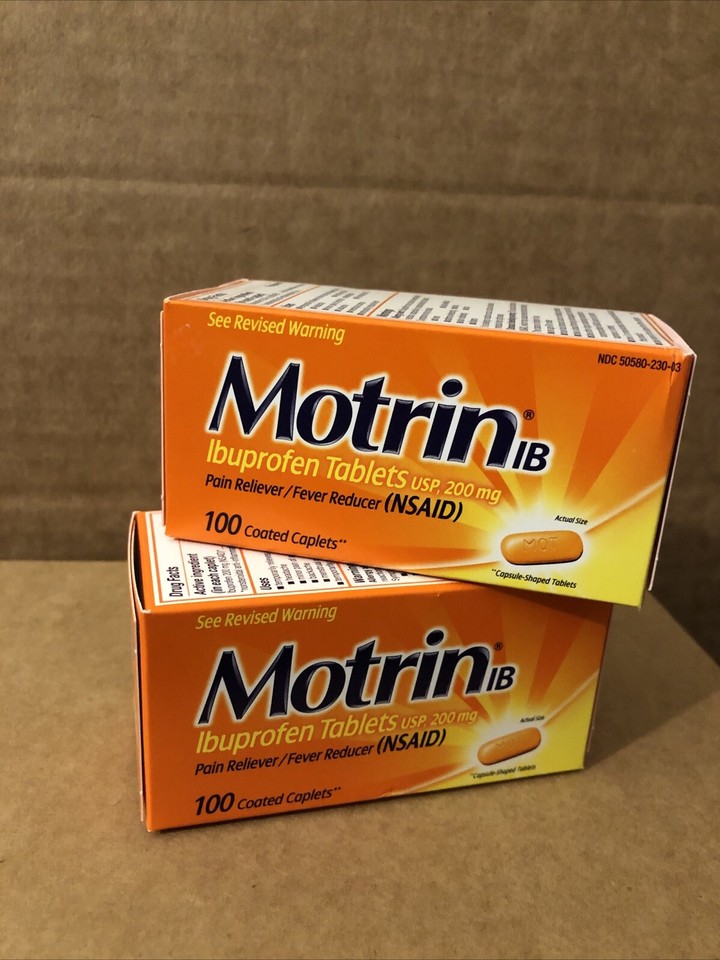 2 Boxes Motrin IB Ibuprofen 200mg Caplets 100 count Each Pain Reliever ...