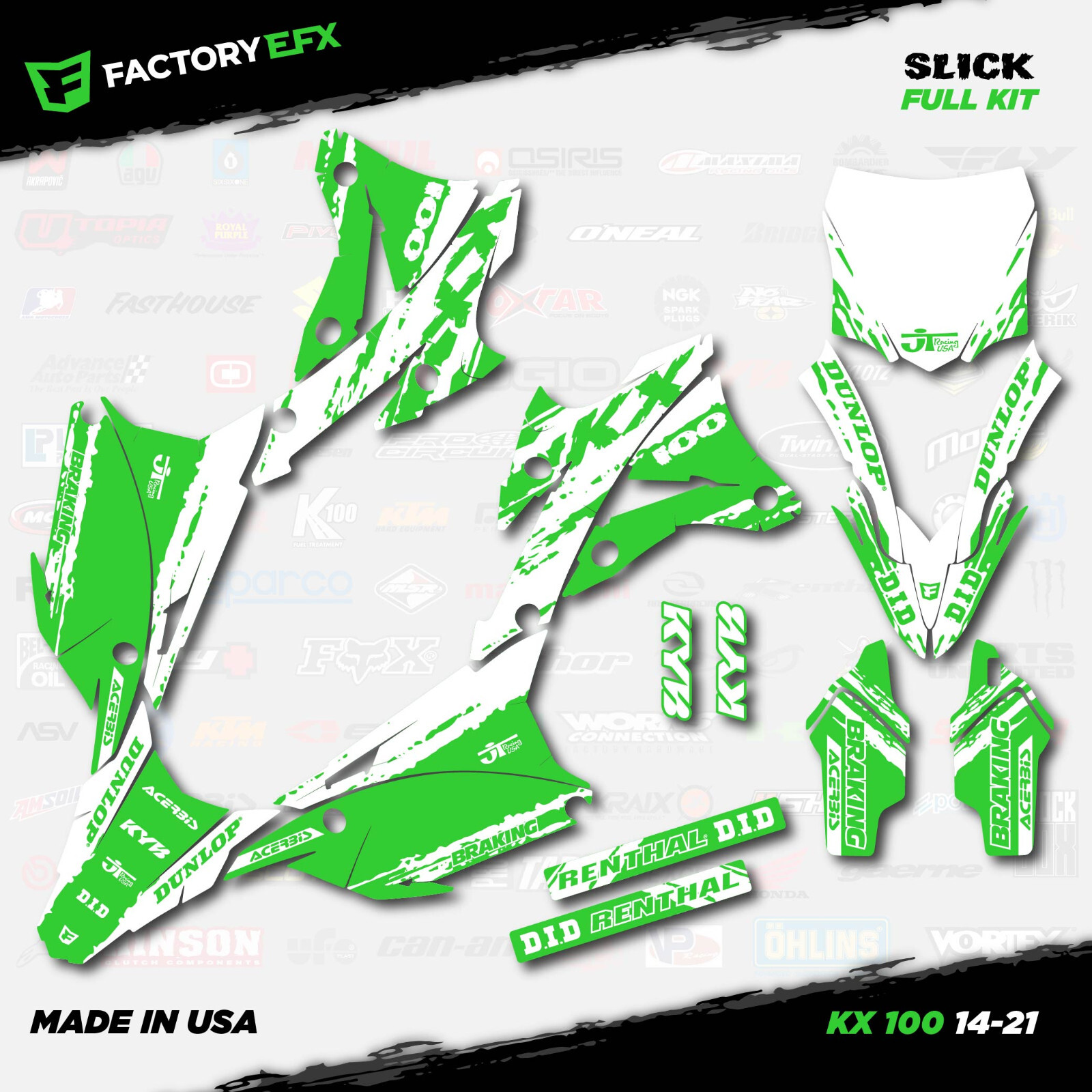 Green & White Slick Racing Graphics Kit fits Kawasaki Kx100 14-21 ...