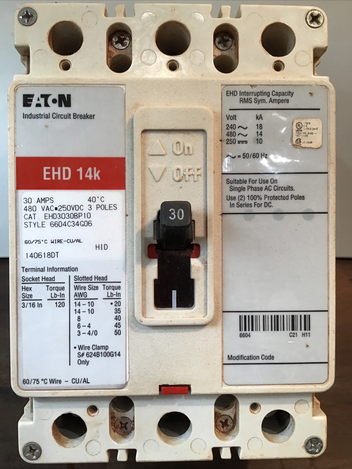 Eaton Cutler-Hammer Circuit 30 AMP Breaker EHD 14k EHD3020 EHD3020BP10 ...