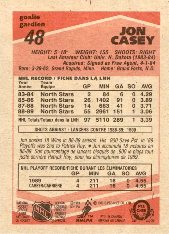 1989-90 O-PEE-CHEE JON CASEY MINNESOTA NORTH STARS #48 | eBay