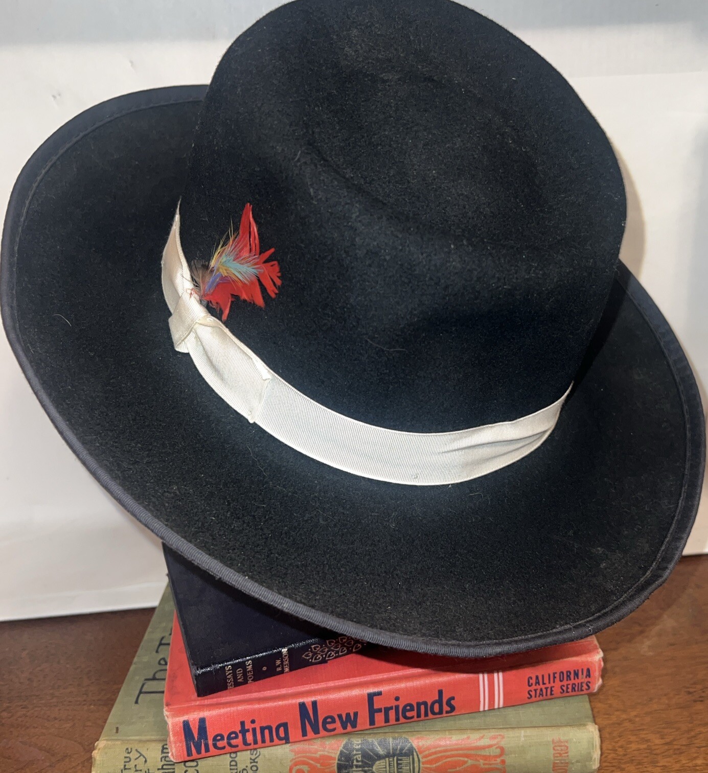 HXC Hat Co. 100% Wool Black Fedora White Fancy Bow Daper Feather Accent ...