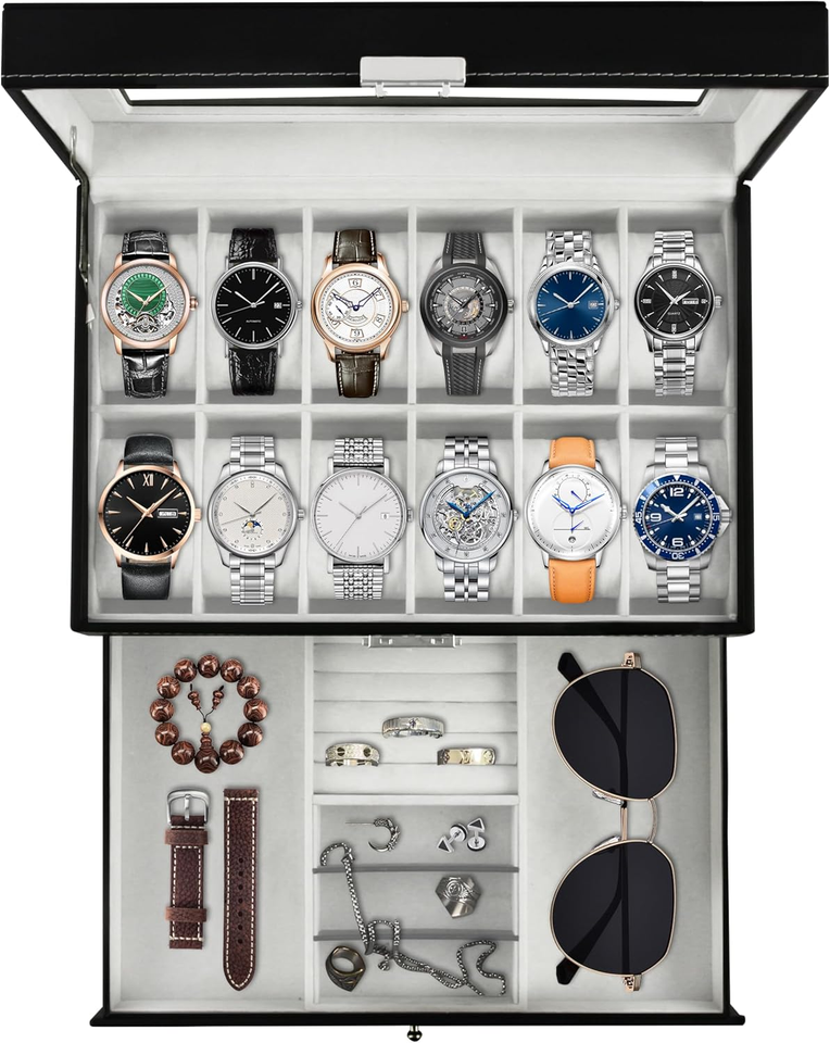 12 Slot PU Leather Lockable Watch Storage Boxes, Men & Women Jewelry ...
