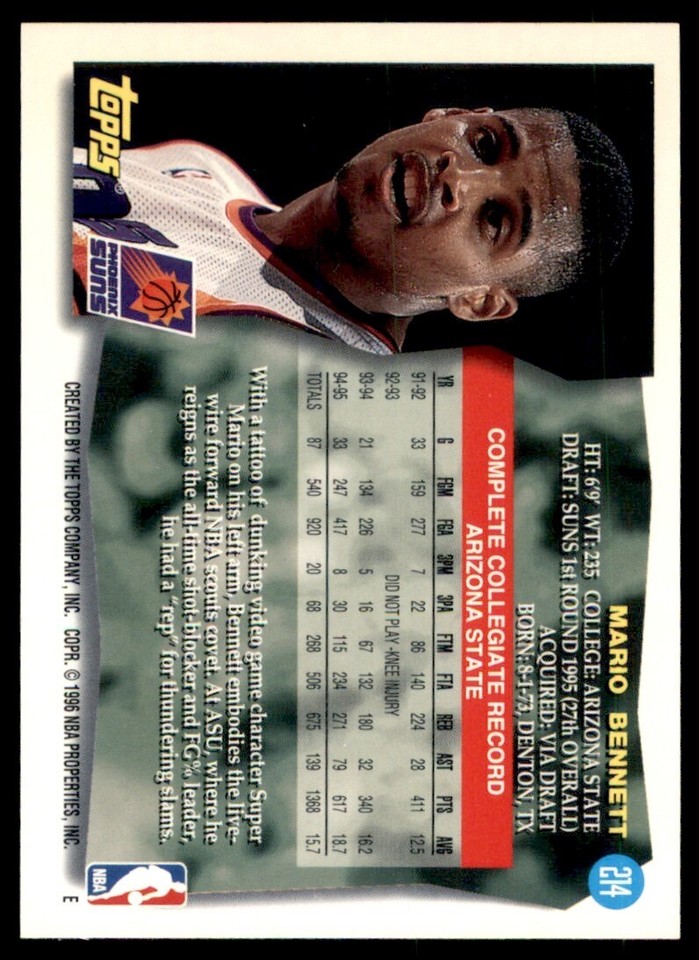 1995-96 Topps Mario Bennett Rookie #214 Phoenix Suns Basketball NBA ...