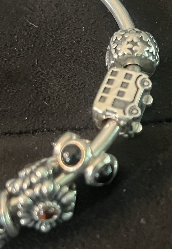 AUTHENTIC PANDORA BRACELET W/9 assorted CHARMS, (3 Spacers, 2 Clips ...