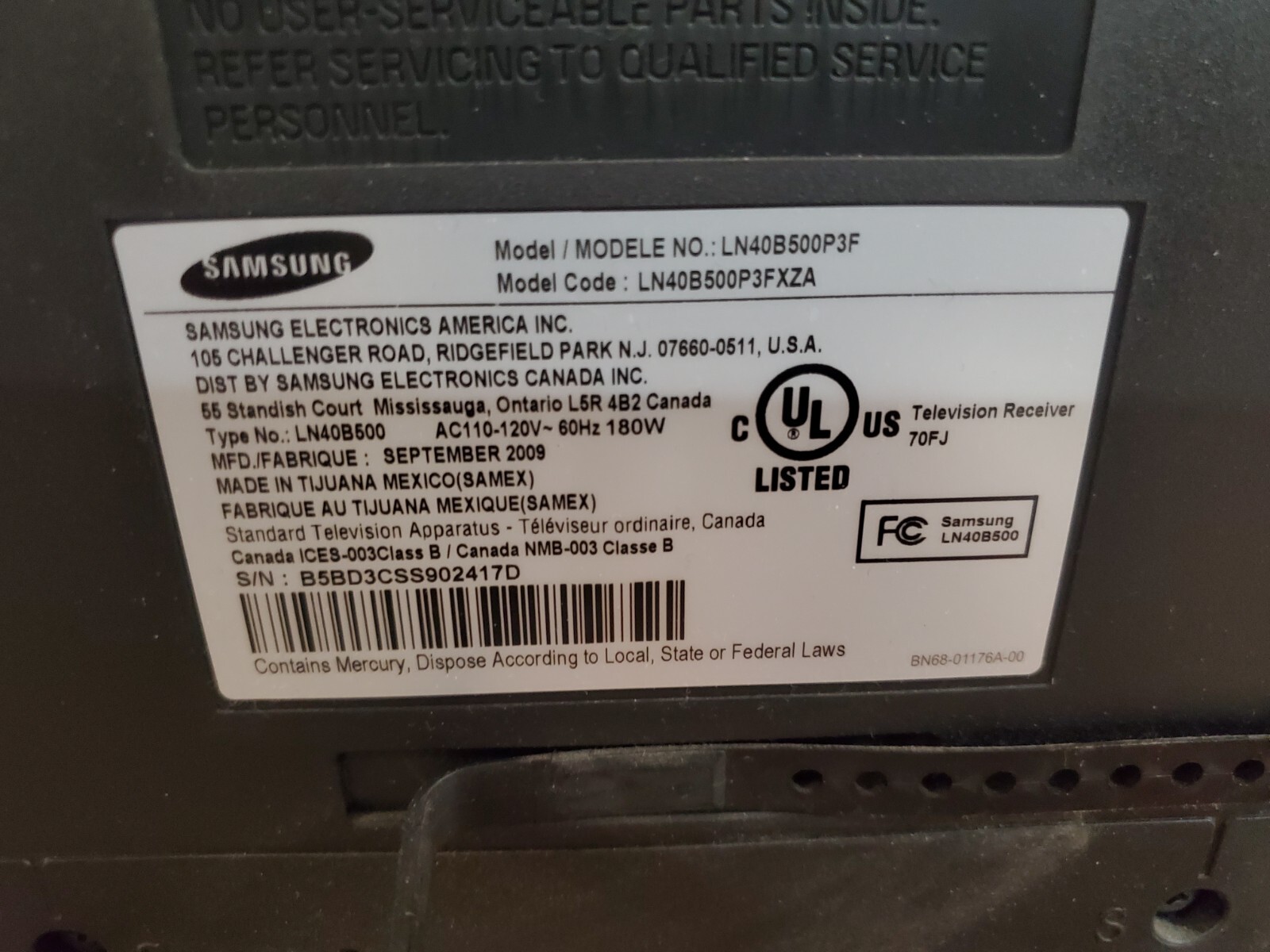 Samsung 40" 1080p HD TV Tested Works HDMI VGA (Model# LN40B500P3F) W ...