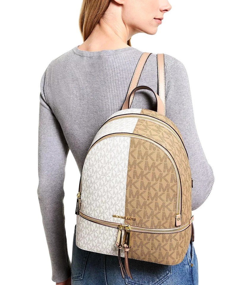 🌞MICHAEL KORS RHEA ZIP MD BACKPACK VANILLA TAN MK LOGO TRAVEL SCHOOL ...
