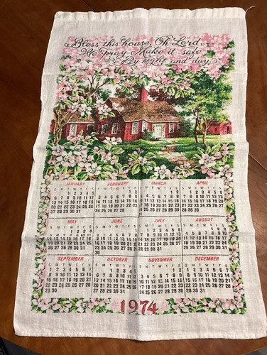 Vtg 1974 Linen Calendar Tea Towel Bless This House Lord Shabby Chic ...