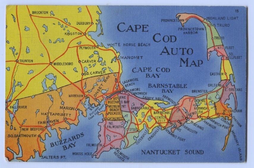 1937 LINEN Cape Cod Auto Map Cape Cod Massachusetts Postcard | eBay
