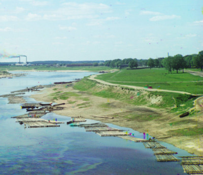 Log rafts on river, factory on the horizon Vintage Old Photo 8.5 x 11 ...
