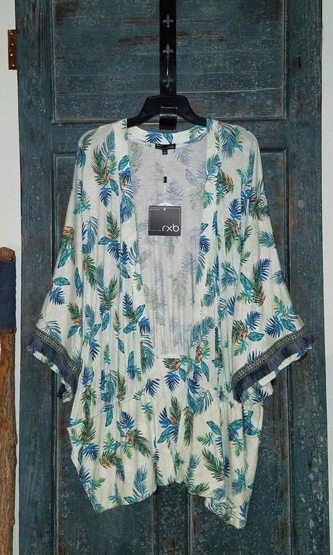 RXB Open Front Cardigan Kimono Stretchy 2X Turquoise Cover Up Tropical ...