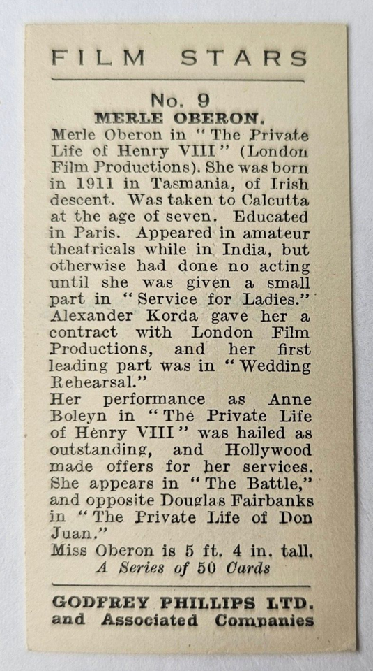 1934 Godfrey Phillips Film Stars #9 Merle Oberon | eBay